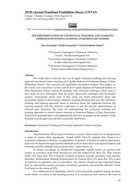 Pdf The Implementation Of Contextual Teaching And Learning Approach On Science Learning In