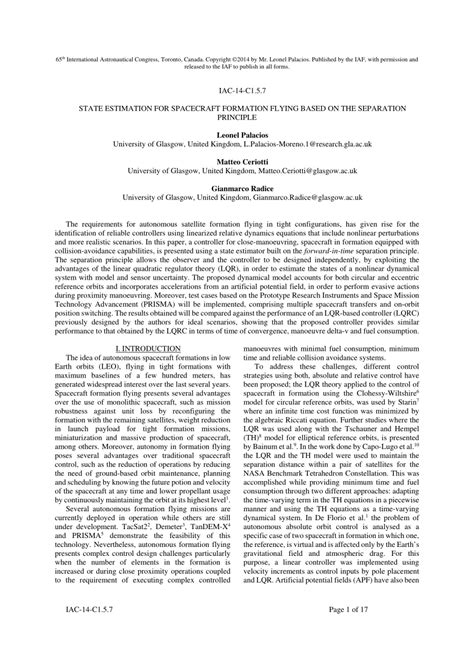 Pdf State Estimation For Spacecraft Formation Flying Based On The Separation Principle
