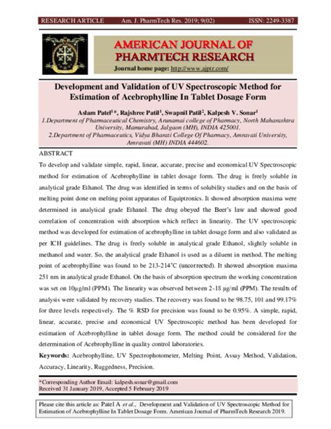 Pdf Development And Validation Of Uv Spectroscopic Method For Estimation Of Acebrophylline In