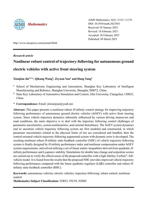 Pdf Nonlinear Robust Control Of Trajectory Following For Autonomous Ground Electric Vehicles