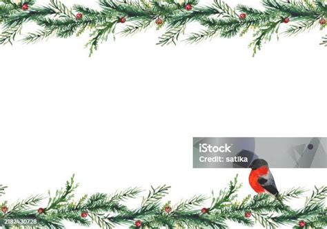 수채화 크리스마스 녹색 전나무 나무 가지 빨간 공과 Bullfinch 새와 함께 완벽 한 테두리 프레임 상록 나뭇 가지 배경 주제에 대한 스톡 벡터 아트 및 기타 이미지