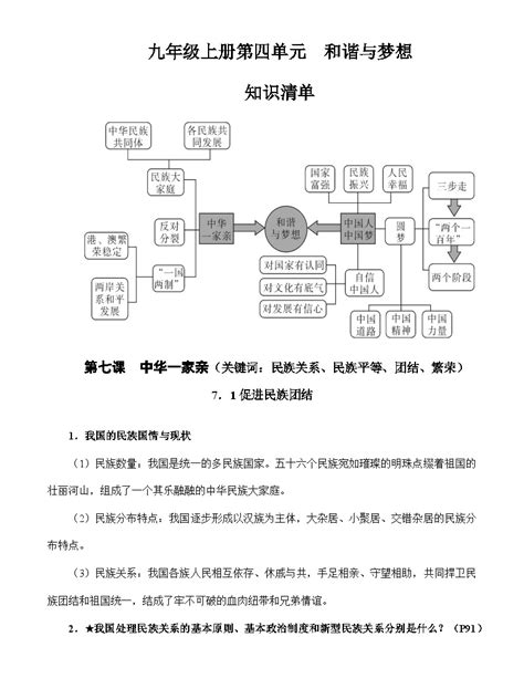 人教部编版道德与法治九年级上册第四单元 《和谐与梦想》（知识清单） 教习网 学案下载