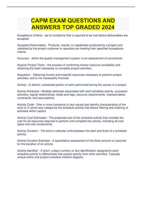 Capm Exam Questions And Answers Top Graded 2024 Capm Certified Associate In Project