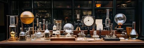 Collection Of Scientific Instruments Displayed On Wooden Surface Stock Illustration