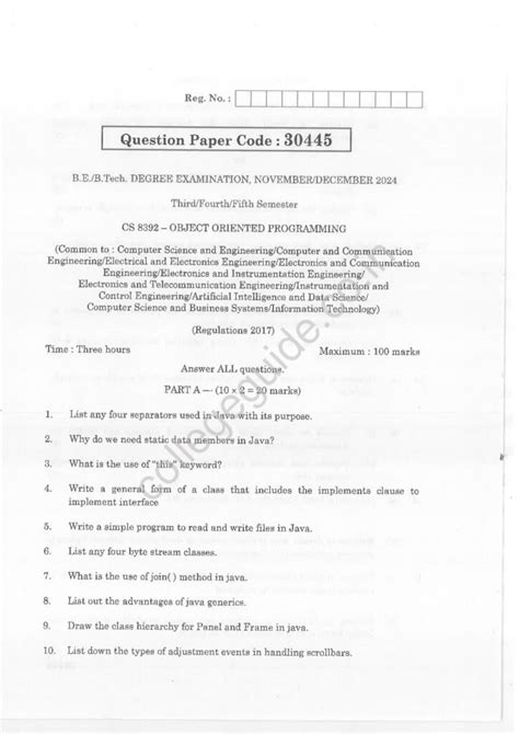 Cs8392 Object Oriented Programming R2017 Anna University Question Paper Novemberdecember 2024