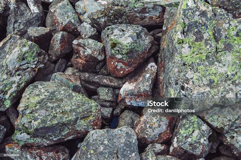 여러 가지 빛깔된의 볼 더 스트림입니다 느슨한 바위 닫습니다 무작위로 흩어진된 돌 아래 물 이끼와 이끼 고원 바위의 놀라운 상세한 배경 산악 지형의 자연적인 짜임새입니다