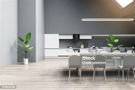 창문과 일광이 있는 현대적인 로프트 주방 인테리어 나무 바닥 가구 식탁 3d 렌더링 0명에 대한 스톡 사진 및 기타 이미지 Istock