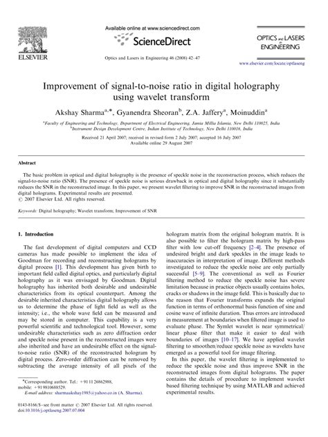 Pdf Improvement Of Signal To Noise Ratio In Digital Holography Using Wavelet Transform