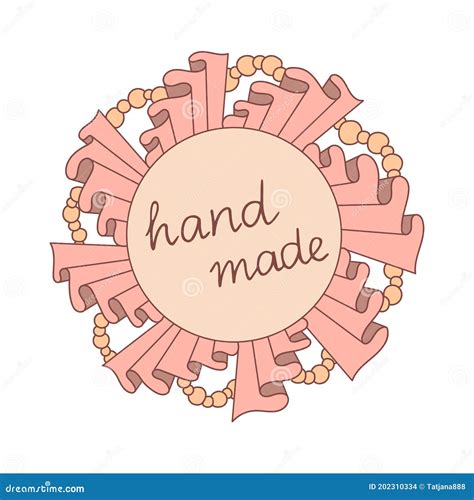 Cute Circle Frame With Textile Ruffles Beads And Handwritten Inscription `hand Made` Stock