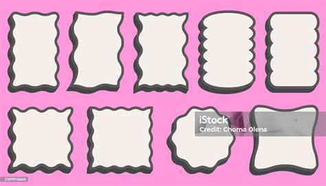 물결 모양의 테두리 프레임 직사각형 원과 사각형 가리비 가장자리 상자 그림자가 있는 구불구불한 미적 장식 디자인 복고풍 귀여운 벡터 모양입니다 짧고 불규칙한 곡선에 대한