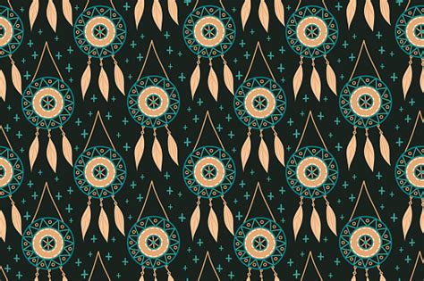 구슬 검은 배경에 깃털 마법의 꿈 포수와 원활한 패턴 벡터 일러스트레이션 복고풍 패턴 민족 낙서 컬렉션 부족 디자인 카드 직물 옷용 디자인 드림캐쳐에 대한 스톡 벡터 아트