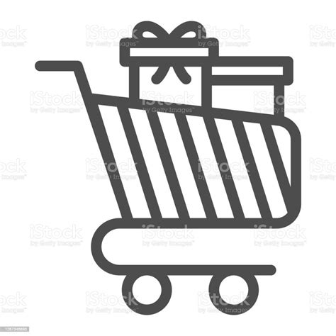 선물 라인 아이콘 블랙 프라이데이 컨셉 흰색 배경의 장바구니 사인 모바일 및 웹 디자인을 위한 윤곽 스타일의 슈퍼마켓 트롤리 아이콘이 있는 상품을 위한 트롤리 벡터 그래픽