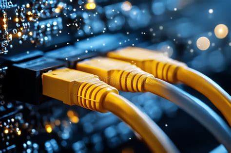 Close Up View Of Yellow Ethernet Cables Connected To A Server In A Data