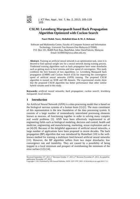 Pdf Cslm Levenberg Marquardt Based Back Propagation Algorithm Optimized With Cuckoo Search