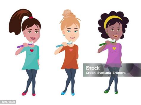 다른 민족의 젊은 여성은 치약으로 치아를 닦아 치과 치료 T 셔츠에 대한 스톡 벡터 아트 및 기타 이미지 T 셔츠 갈색 머리 노랑 Istock