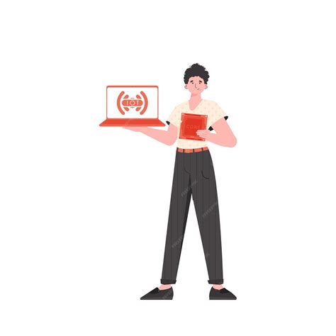 Premium Vector A Man Holds A Laptop And A Processor Chip In His Hands Internet Of Things And