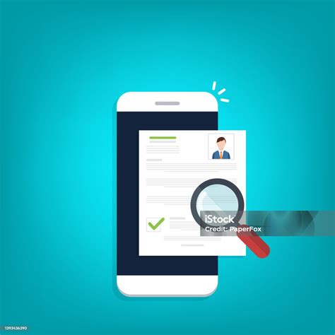 온라인 이력서 분석 전화 및 돋보기를 사용하여 채용 이력서 채용 개념 및 인적 자원 보기 0명에 대한 스톡 벡터 아트 및 기타