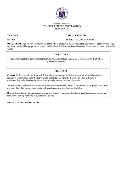 TRF FORM TEACHERS REFLECTION FORM TEACHER REFLECTION FORM TRF TEACHER I III TEACHER DATE