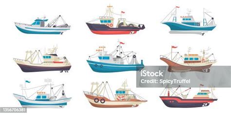 어선 만화 해양 어부 바다 선박 해산물 운송을위한 트롤어선 어업 전통 모터 보트 물고기 잡기에 대 한 물 수송 벡터 해상 파워보트 세트 트롤선에 대한 스톡 벡터 아트 및