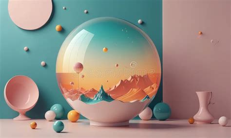 3d Spherical Object With Landscape Scene Inside Surrounded By Various Objects In Pink Blue