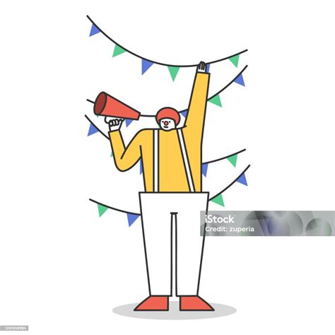 메가 폰에서 말하는 광대 의상에 재미 서커스 캐릭터 코미디 조커 연기자 개념에 대한 스톡 벡터 아트 및 기타 이미지 개념