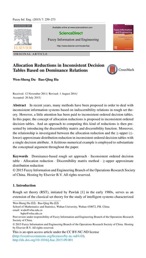 Pdf Allocation Reductions In Inconsistent Decision Tables Based On Dominance Relations