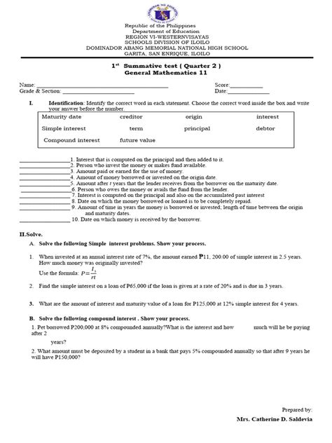 1st Summative Gen Math Pdf Interest Debt
