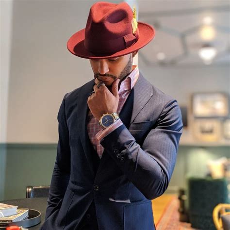 Custom Navy Herringbone Three Piece Suit Luxury Mens Formal Fedora