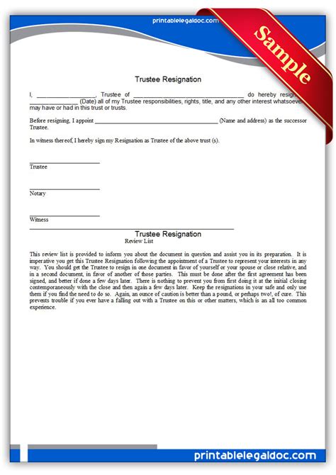 Free Printable Trustee Resignation Form Generic