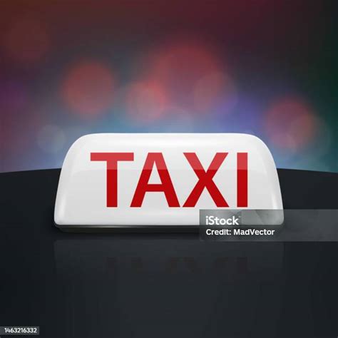 벡터 흰색 택시 자동차 표지판은 검은 지붕에 빨간색 텍스트 근접 촬영 흐릿한 도시 화려한 배경 프랑스어 흰색 택시 표지판 택시 서비스에 대 한 디자인 서식 파일입니다 전면