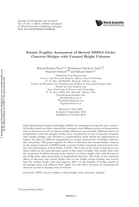 Pdf Seismic Fragility Assessment Of Skewed Msss I Girder Concrete Bridges With Unequal Height