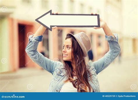 Girl Showing Direction With Arrow In The City Stock Image Image Of Foreigner Happy 40529739