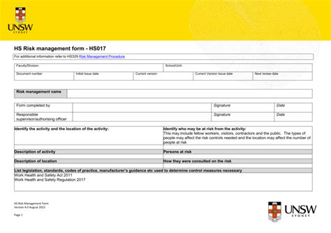 Hs Risk Management Form Hazard And Risk Assessment