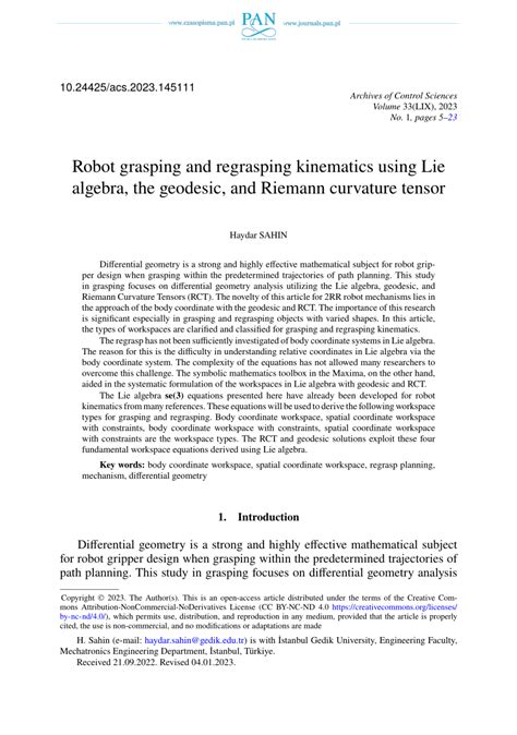 Pdf Robot Grasping And Regrasping Kinematics Using Lie Algebra The Geodesic And Riemann