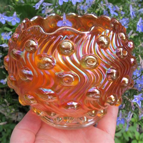 Antique Millersburg Marigold Swirled Hobnail Carnival Glass Rose Bowl