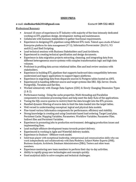 Sindu Priya Resume Pdf Ibm Db2 Postgre Sql