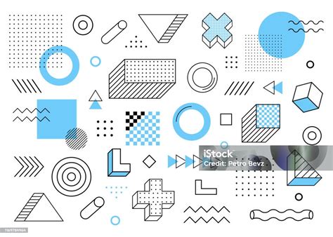 기하학적 배경입니다 유니버설 트렌드 하프 톤 기하학적 모양은 파란색 요소 구성과 나란히 설정합니다 현대 벡터 일러스트레이션 기하 도형에 대한 스톡 벡터 아트 및 기타 이미지