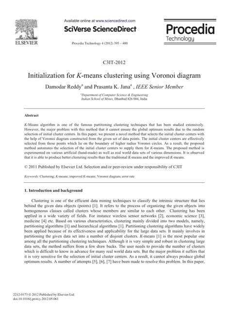 Pdf Initialization For K Means Clustering Using Voronoi Diagram