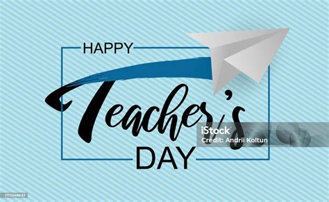 행복한 교사의 날 인사말 카드입니다 줄무늬 배경에 종이 평면과 손으로 그린 글꼴 교사 대학원 포스터 배너 또는 전단지를 위한 디자인 벡터 학교 일러스트 교사 교육 관련