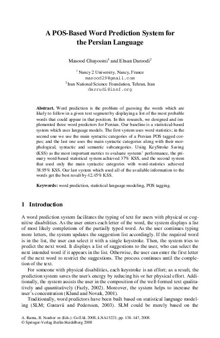 Pdf A Pos Based Word Prediction System For The Persian Language