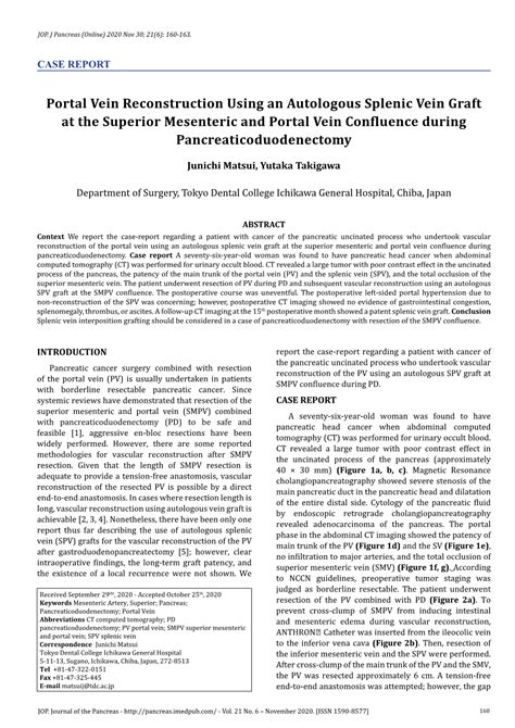 Portal Vein Reconstruction Using An Autologous Splenic Vein Graft At The Superior Mesenteric And