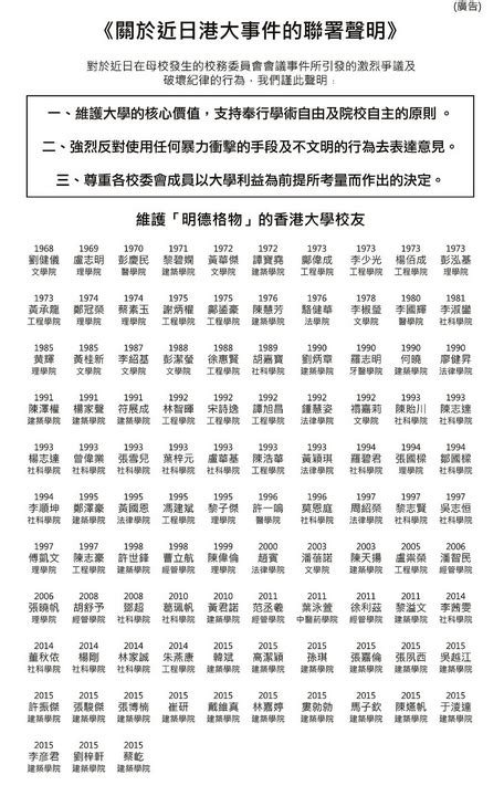 過百名親建制港大校友聯署 反對暴力衝擊 李少光學生搞到大學唔似大學 立場新聞聞庫