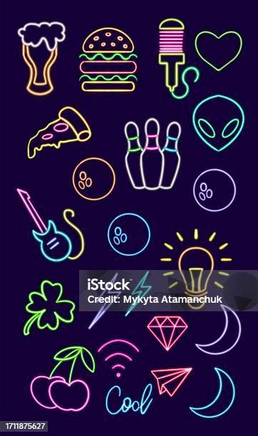 큰 세트 빛나는 바탕 화면 아이콘 네온 외계인과 피자 스티커 네온 피규어 빛나는 피규어 네온 기하학적 피규어 1980 1989 년에 대한 스톡 벡터 아트 및 기타 이미지