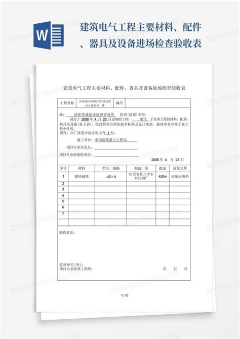 建筑电气工程主要材料配件器具及设备进场检查验收表Word模板下载 编号qvwrjzyz 熊猫办公