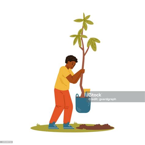 패닝을 위해 나무 묘목을 들고 다니는 아프리카 계 미국인 소년 개발에 대한 스톡 벡터 아트 및 기타 이미지 개발 계절 나름 Istock