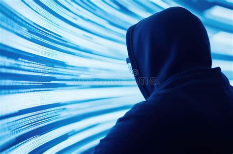 Silhouette Of A Cyber Criminal In A Hoodie Using Multiple Monitors In A