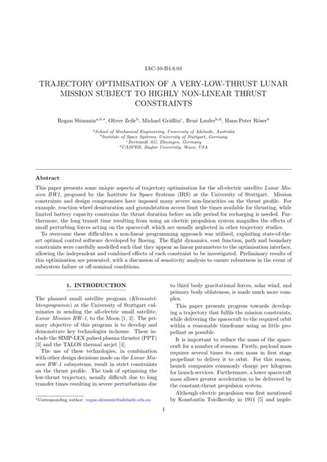 Pdf Trajectory Optimisation Of A Very Low Thrust Lunar Mission Subject To Highly Non Linear