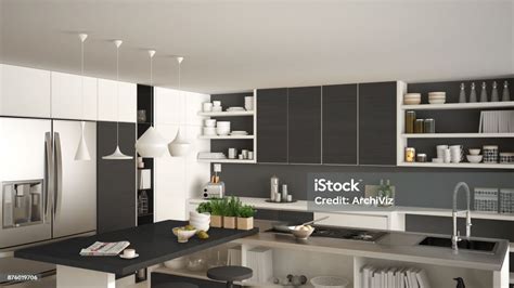 현대 나무로 되는 부엌 나무 세부 섬 및 가스 렌지와 냄비 흰 요리를 닫고 회색 최소한의 인테리어 디자인 0명에 대한 스톡 사진 및 기타 이미지 Istock