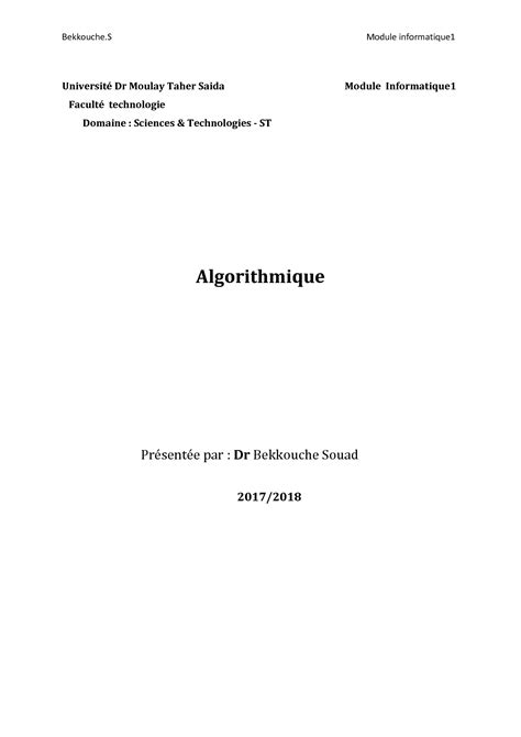 SOLUTION Cours Ere Ann E St Informatique Algorithmique Studypool