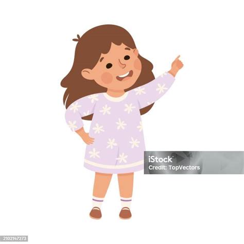 미소 짓는 소녀 캐릭터 무언가 그녀 손가락 벡터 일러스트 가리키기에 대한 스톡 벡터 아트 및 기타 이미지 가리키기 감정